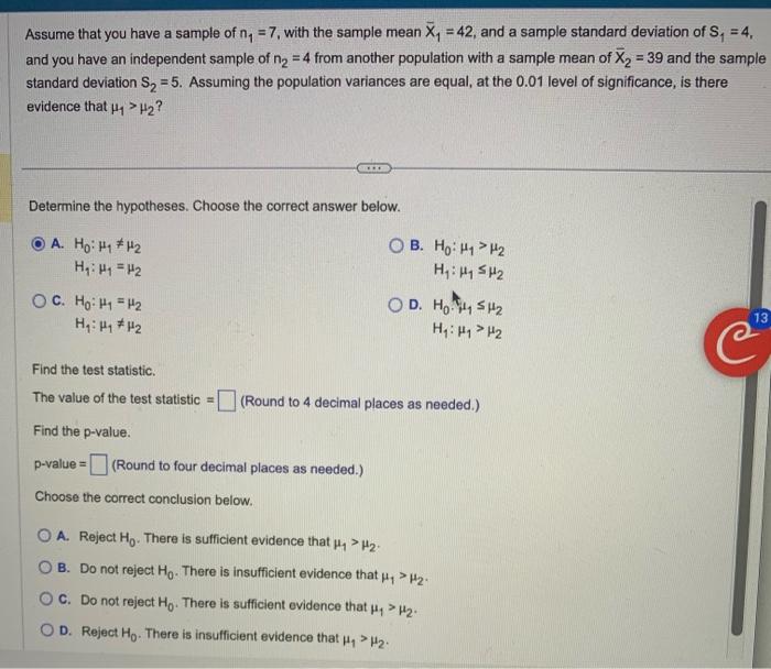 Solved Assume that you have a sample of n1=7, with the | Chegg.com