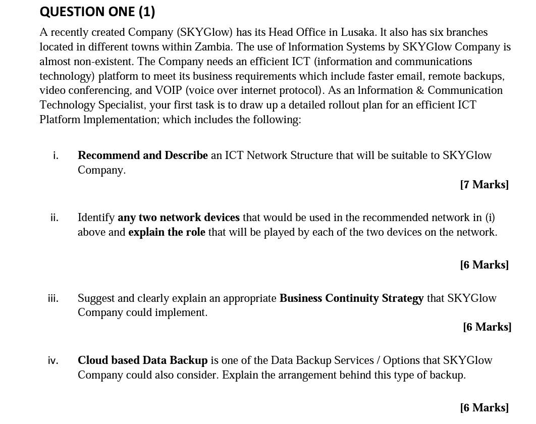 Solved QUESTION ONE (1) A recently created Company (SKYGlow) | Chegg.com