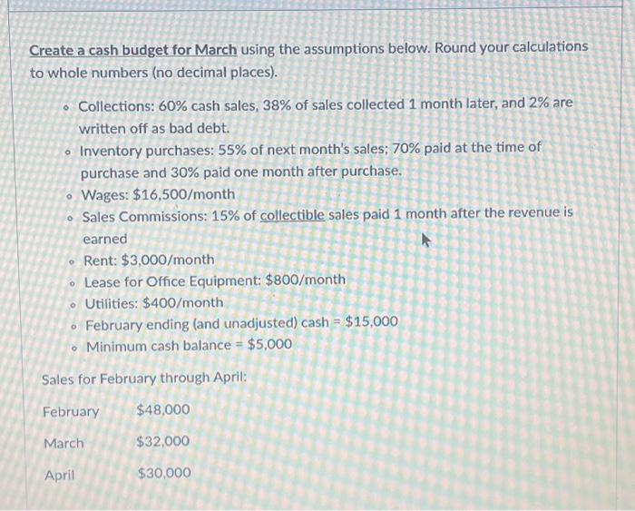 Solved Create a cash budget for March using the assumptions | Chegg.com