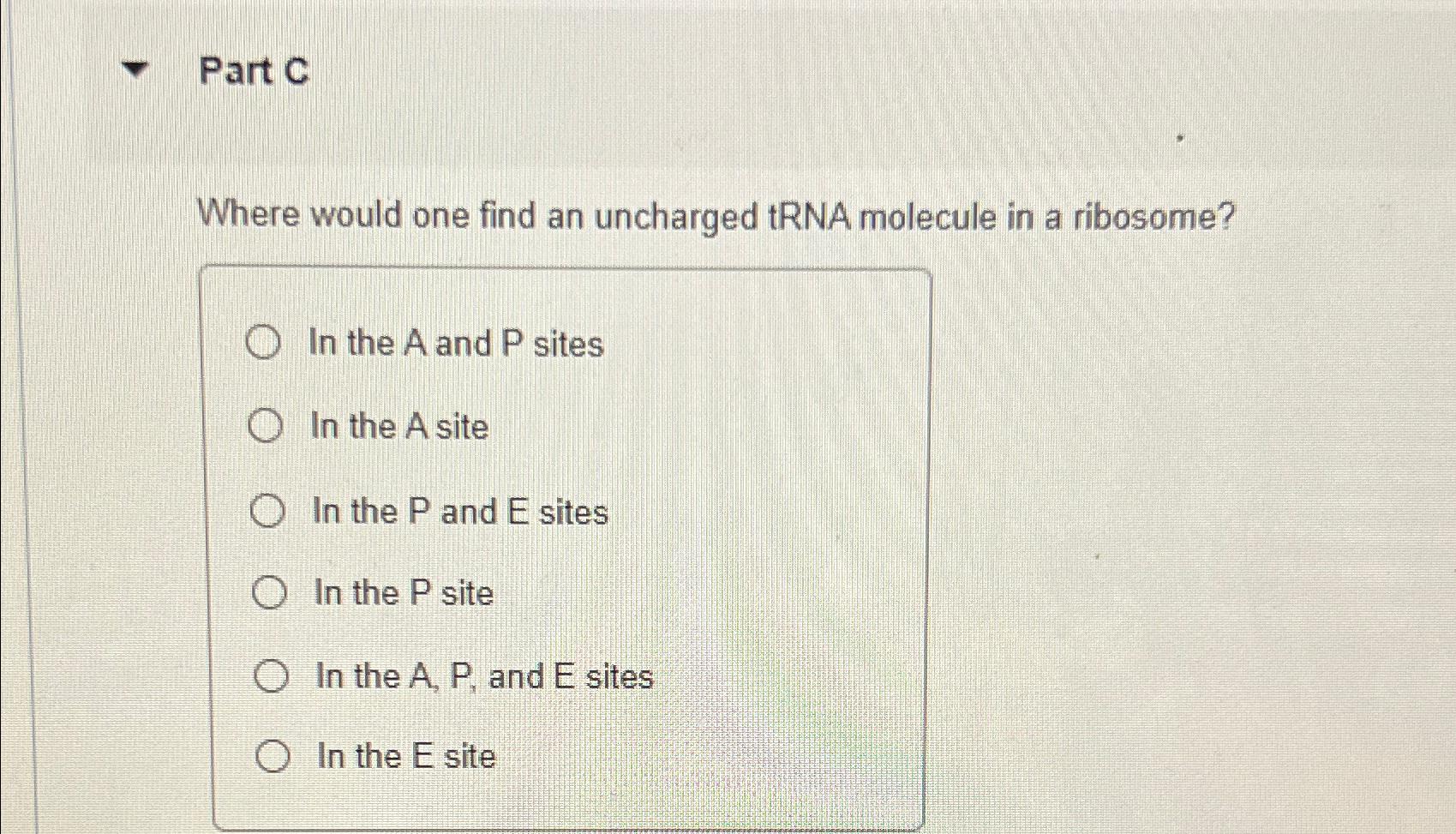 Solved Part CWhere would one find an uncharged tRNA molecule | Chegg.com