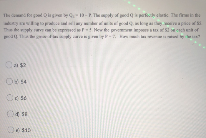 Solved The demand for good Q is given by Qd = 10 - P. The | Chegg.com