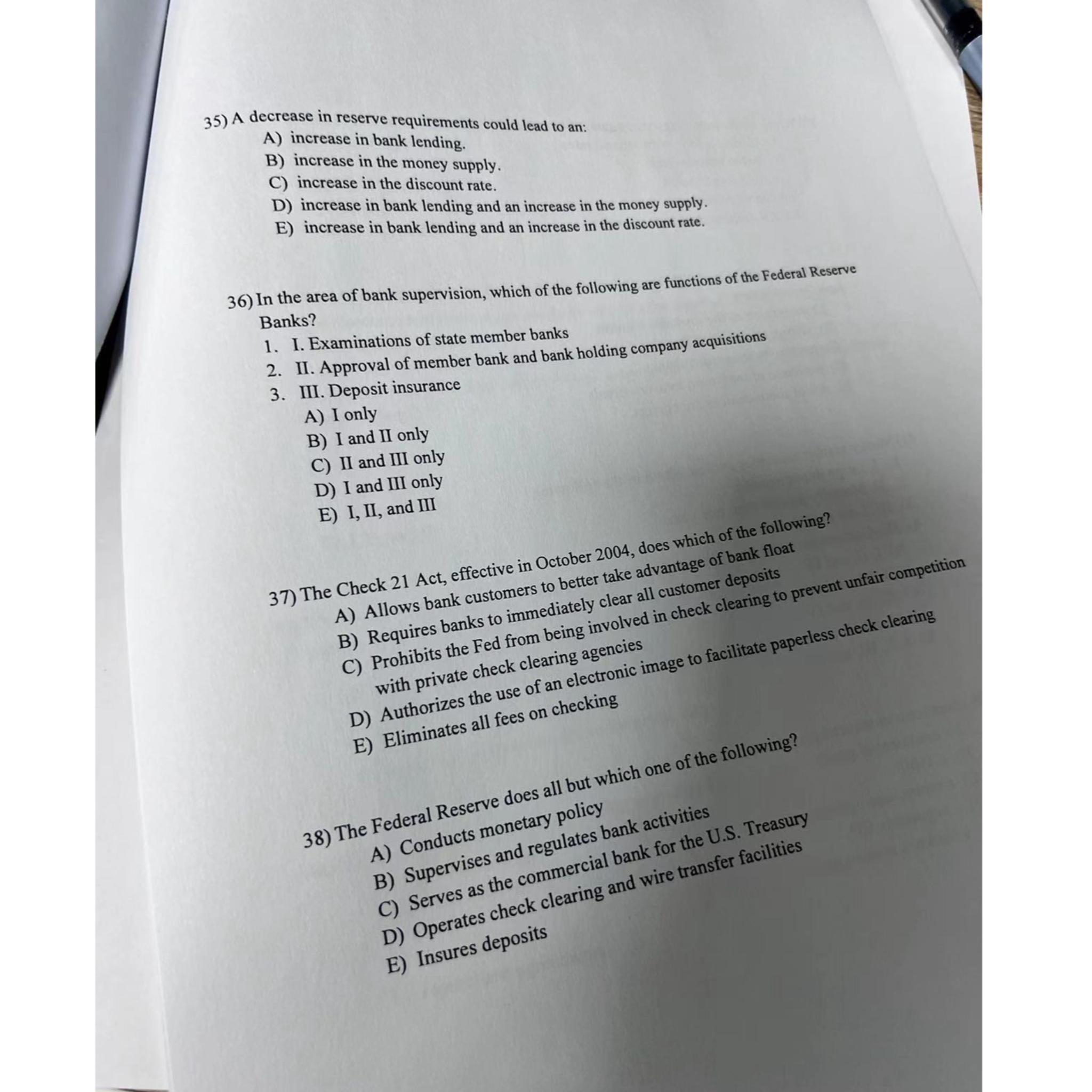 Solved A decrease in reserve requirements could lead to | Chegg.com