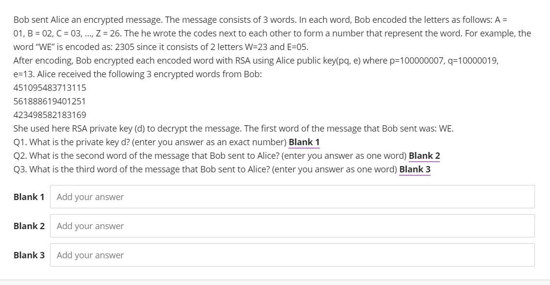 Solved Bob sent Alice an encrypted message. The message | Chegg.com