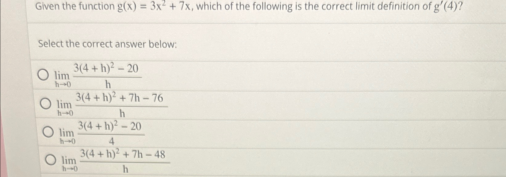 Solved Given the function g(x)=3x2+7x, ﻿which of the | Chegg.com
