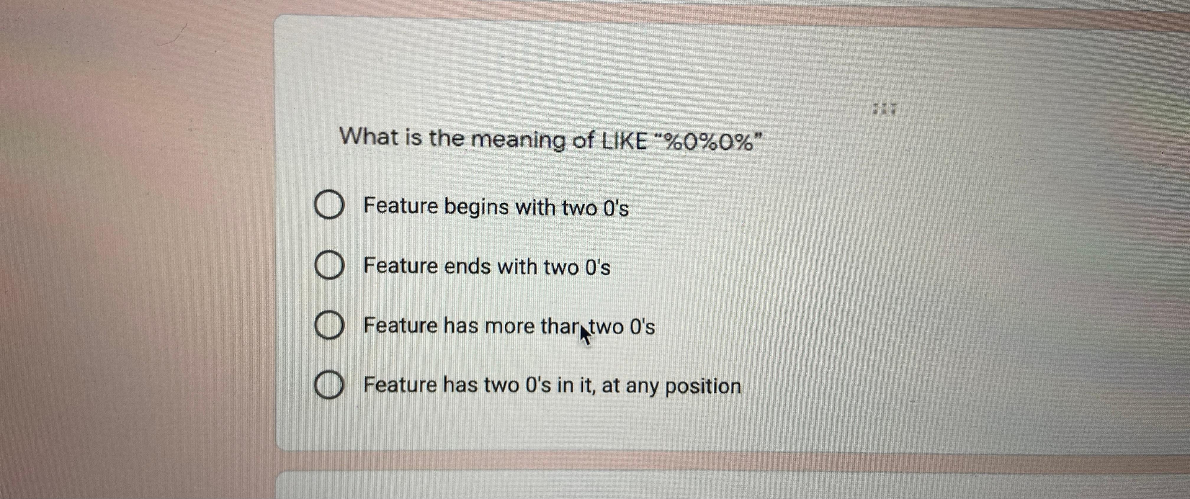What is the meaning of LIKE "% %% % "Feature begins | Chegg.com