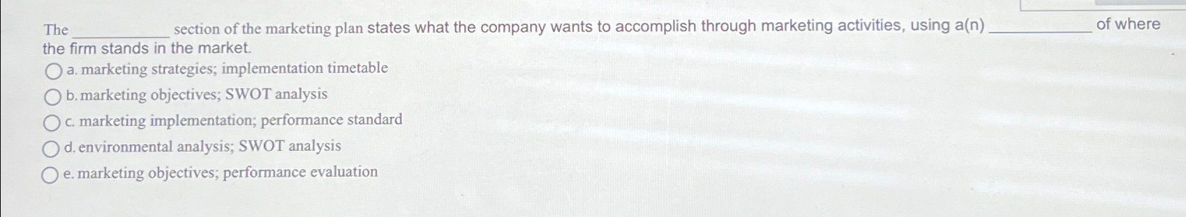 Solved The section of the marketing plan states what the | Chegg.com