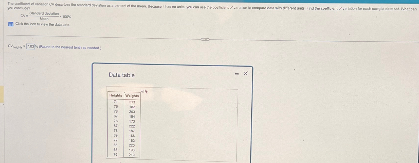 Solved you conclude?CV= Standard deviation Mean *100%Click | Chegg.com