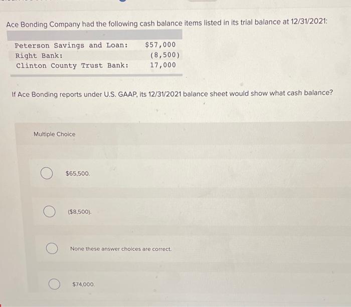 Solved Ace Bonding Company had the following cash balance | Chegg.com