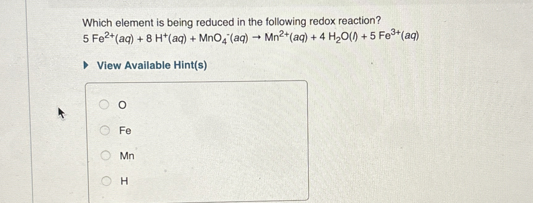 Solved Which element is being reduced in the following redox | Chegg.com
