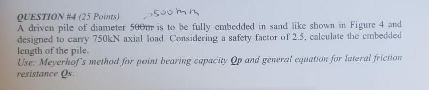 Solved QUESTION #4 (25 Points) 500mm A driven pile of | Chegg.com