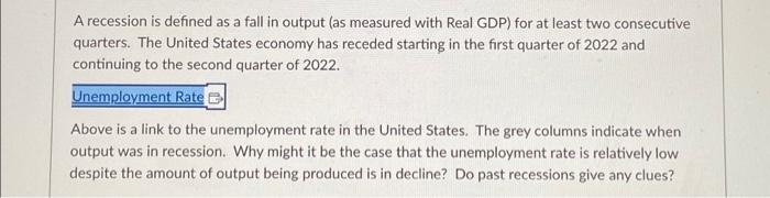Solved A recession is defined as a fall in output (as | Chegg.com