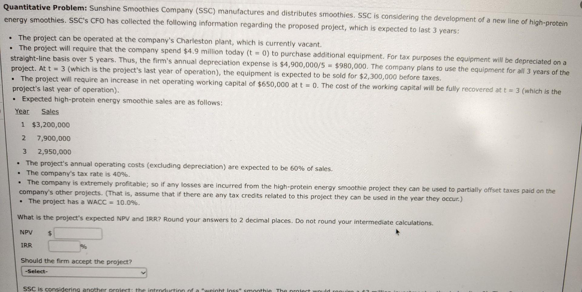 Solved Quantitative Problem: Sunshine Smoothies Company | Chegg.com