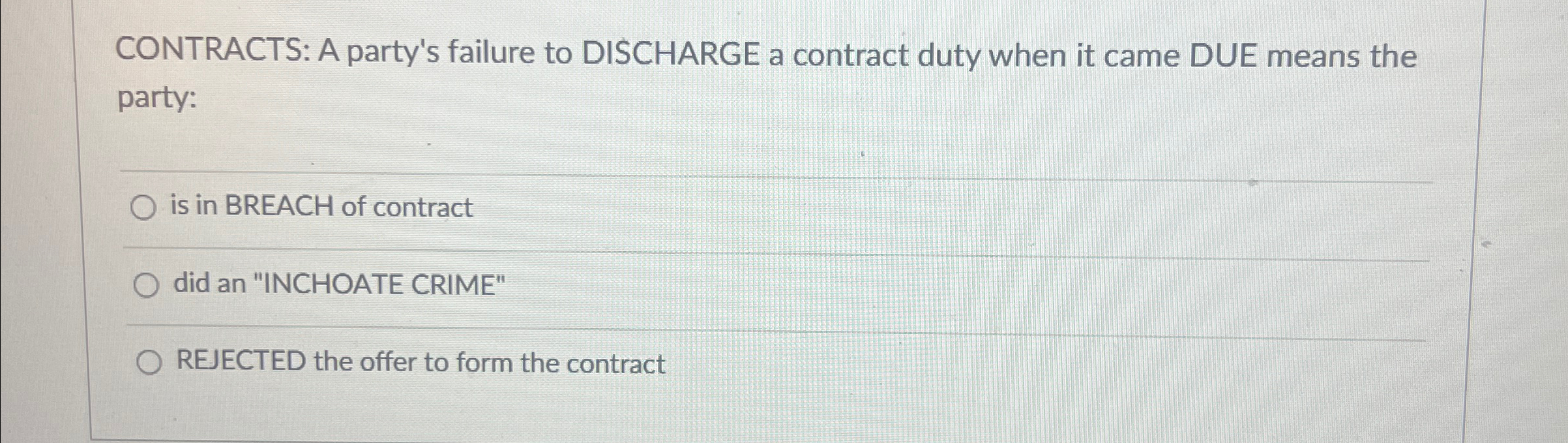 Solved CONTRACTS: A party's failure to DISCHARGE a contract | Chegg.com