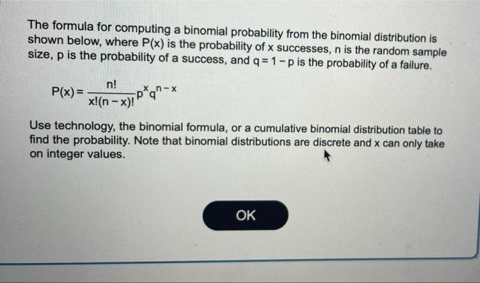 Solved The formula for computing a binomial probability from | Chegg.com