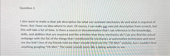 Solved I also want to make a clear job description for what | Chegg.com