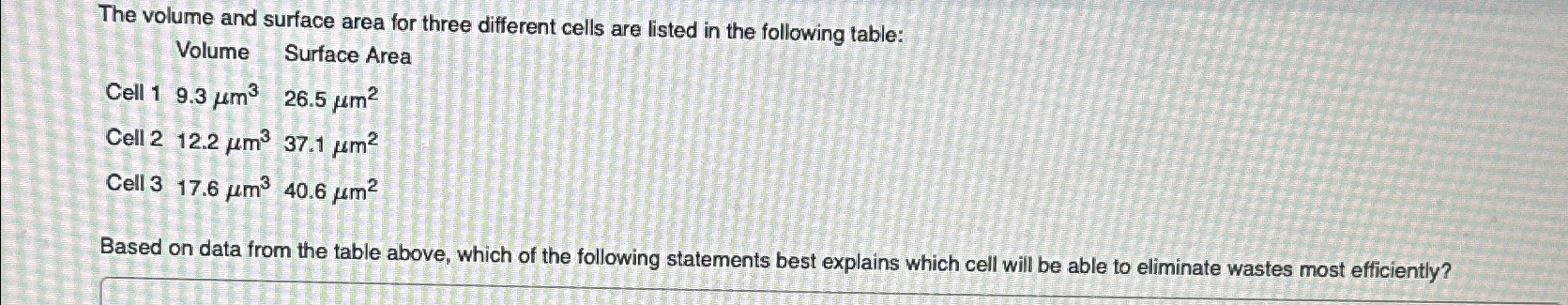 Solved The volume and surface area for three different cells | Chegg.com