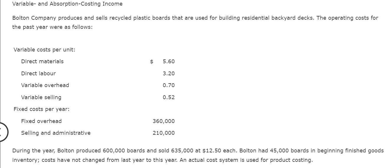 Solved Variable- ﻿and Absorption-Costing IncomeBolton | Chegg.com