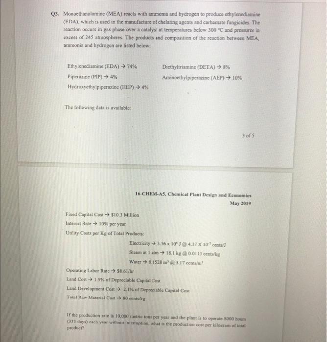 Solved Q3. Monoethanolamine (MEA) reacts with amnonia and | Chegg.com