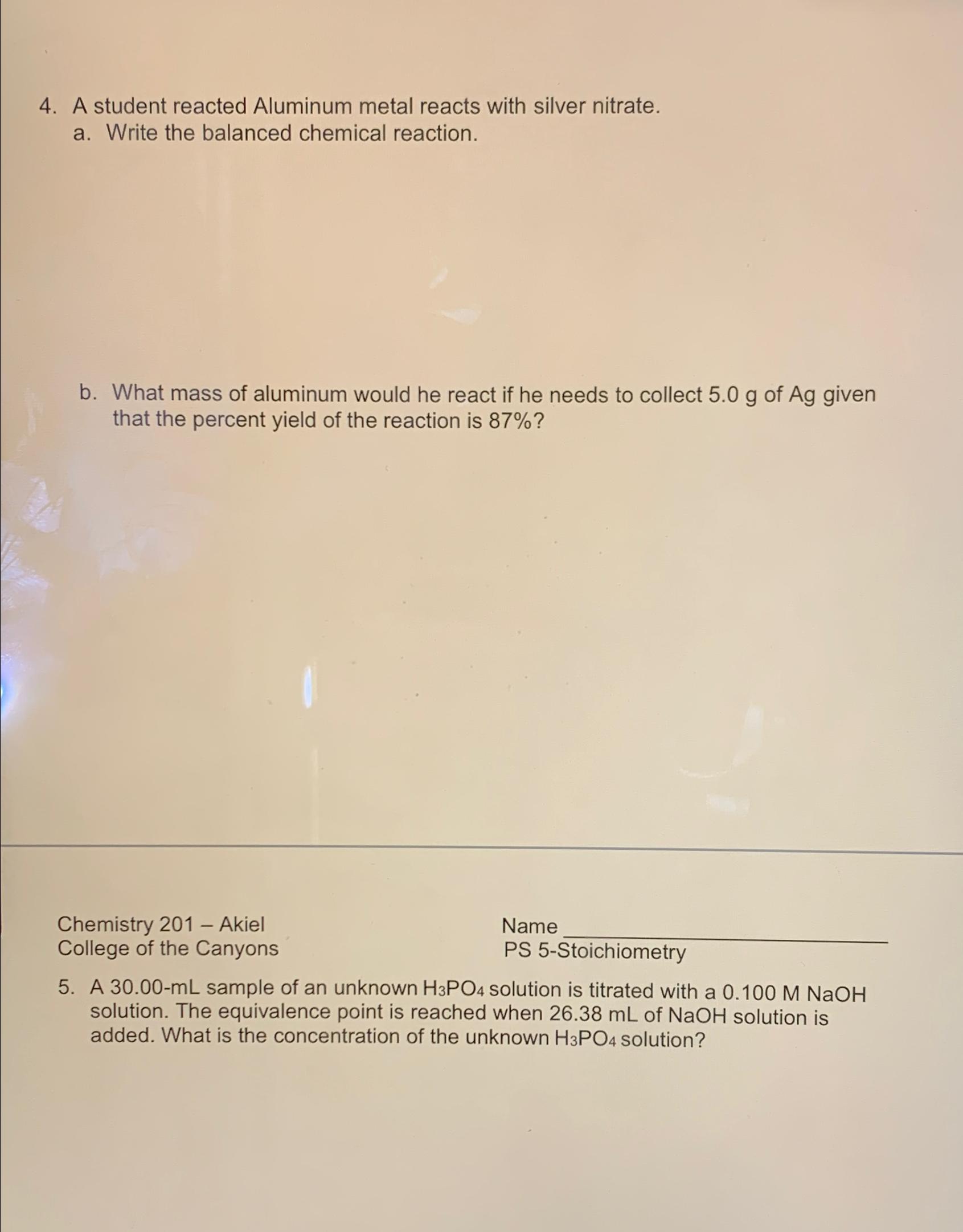 Solved A student reacted Aluminum metal reacts with silver | Chegg.com