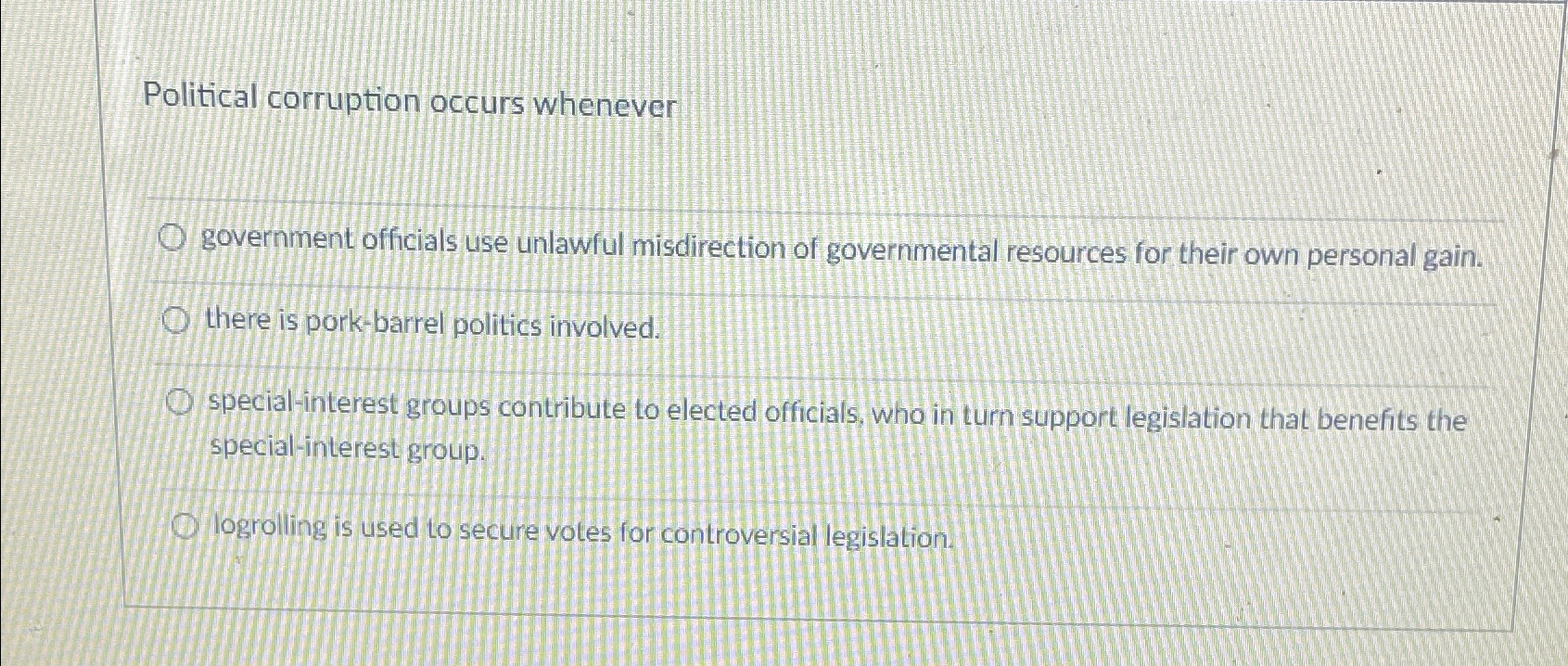 Solved Political corruption occurs whenevergovernment | Chegg.com