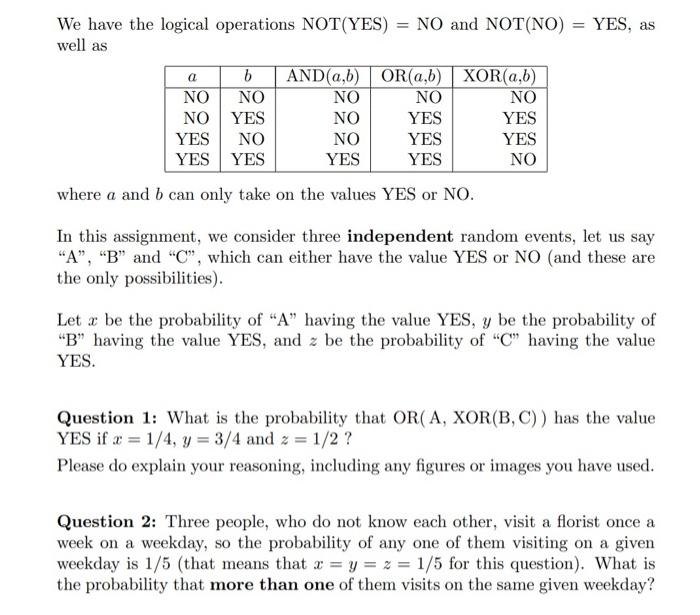 Solved a We have the logical operations NOT(YES) = NO and | Chegg.com