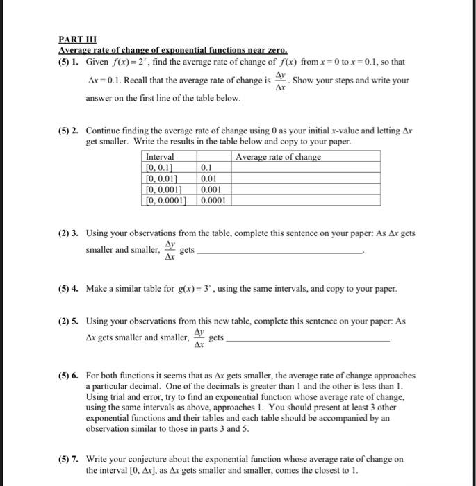 Solved PART III Average rate of change of exponential | Chegg.com