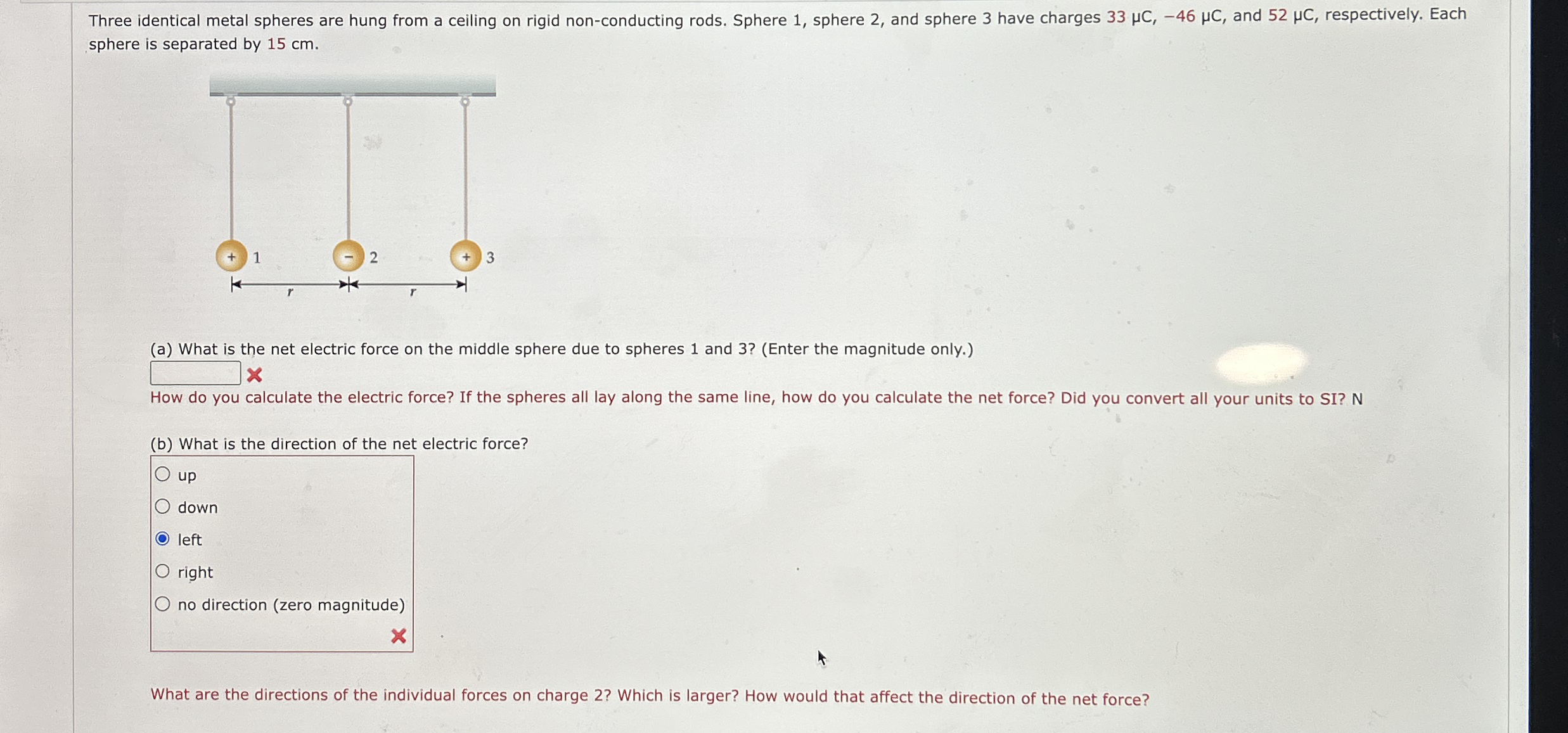 Solved Three identical metal spheres are hung from a ceiling | Chegg.com