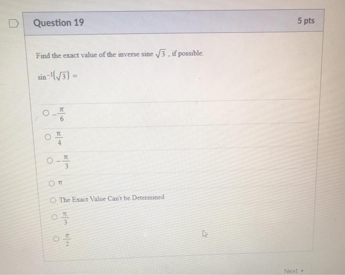 Solved D Question 19 5 pts Find the exact value of the | Chegg.com Solved D Question 19 5 pts Find the exact value of the | Chegg.com