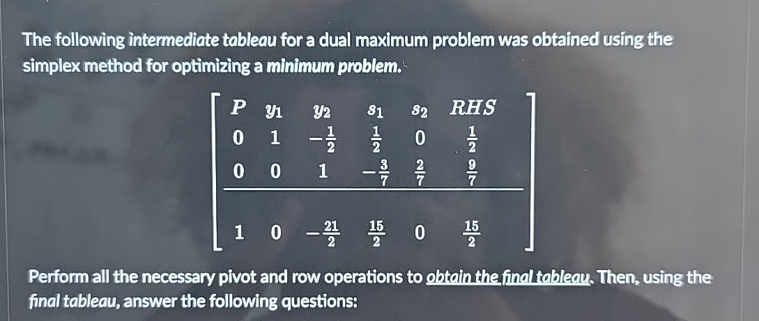 Solved The following intermediate tableau for a dual maximum | Chegg.com