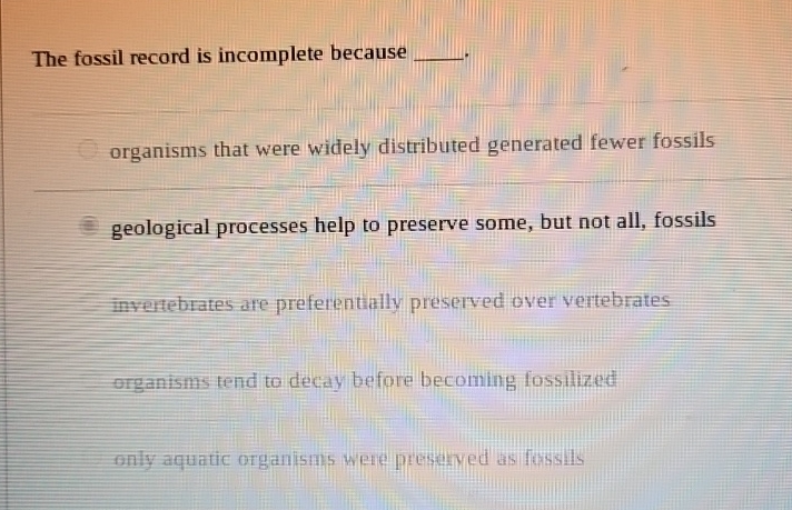 Solved The fossil record is incomplete because organisms | Chegg.com