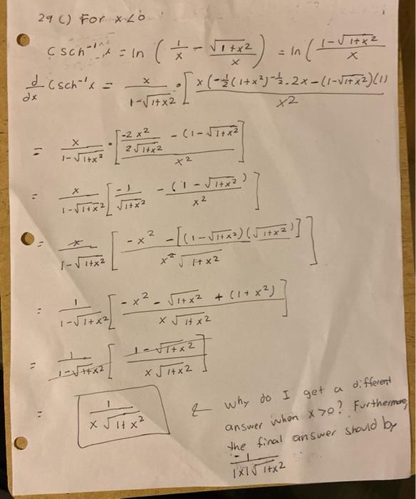 Solved When I take the derivative of inverse csch(x), I get | Chegg.com