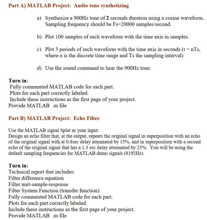 Solved Part A) MATLAB Project: Audio tone synthetizing a) | Chegg.com