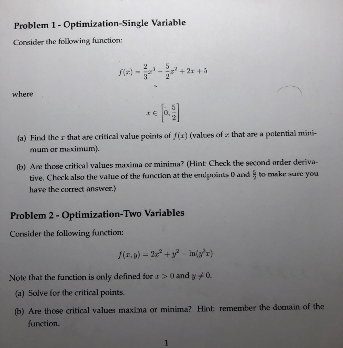 Solved Problem 1 - Optimization-Single Variable Consider the | Chegg.com
