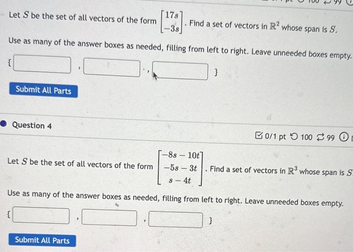 Solved Let S be the set of all vectors of the form [17s−3s]. | Chegg.com