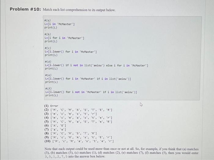Solved Problem #10: Match each list comprehension to its | Chegg.com