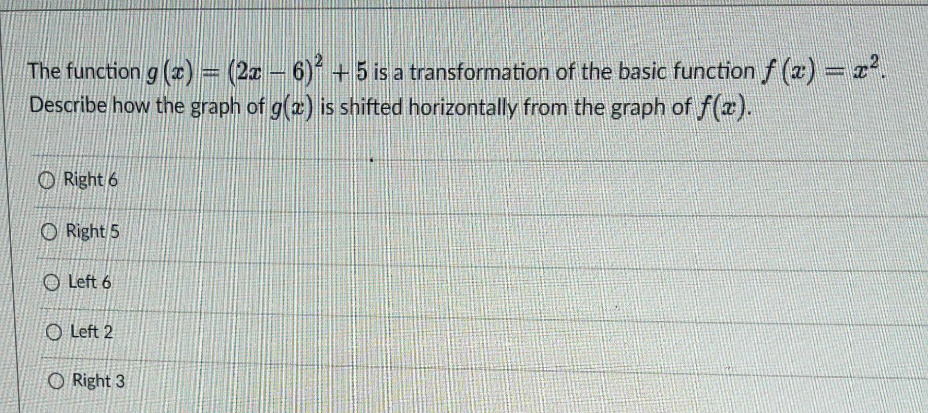 Solved The function g(x)=(2x−6)2+5 is a transformation of | Chegg.com