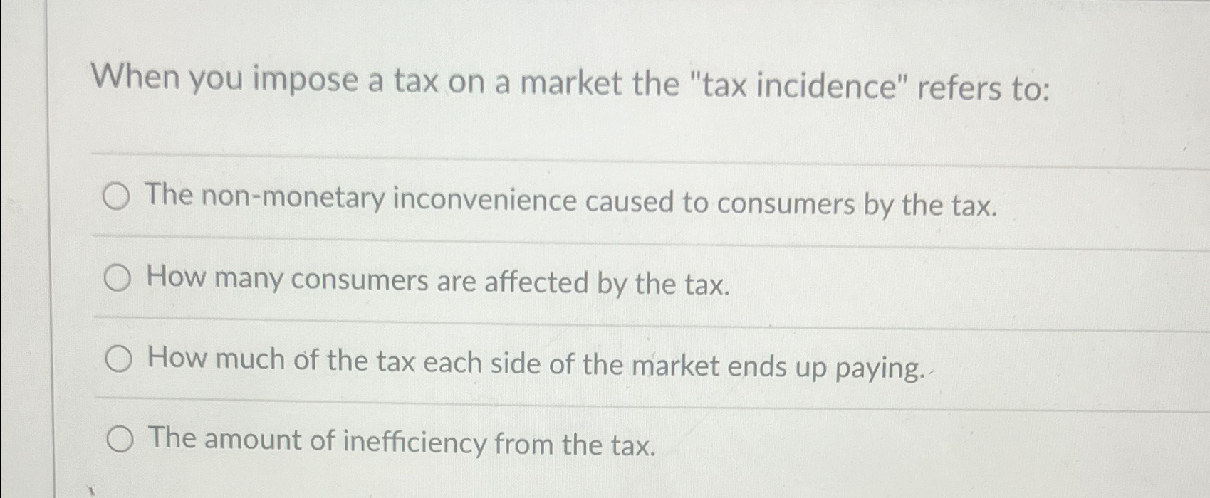 Solved When you impose a tax on a market the "tax incidence" | Chegg.com