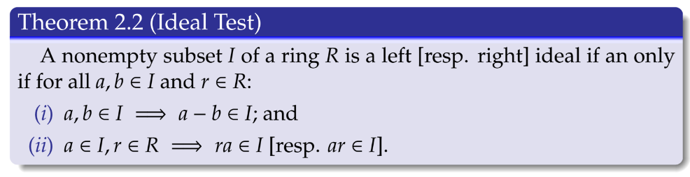 Solved Theorem 2.2 (Ideal Test)A nonempty subset I of a ring | Chegg.com