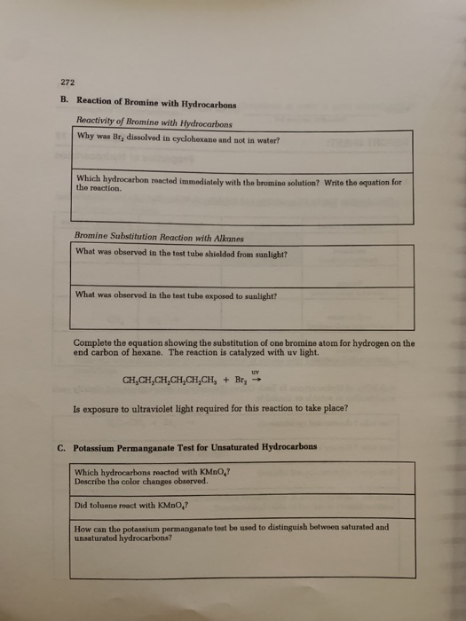 Solved 272 B. Reaction of Bromine with Hydrocarbons | Chegg.com