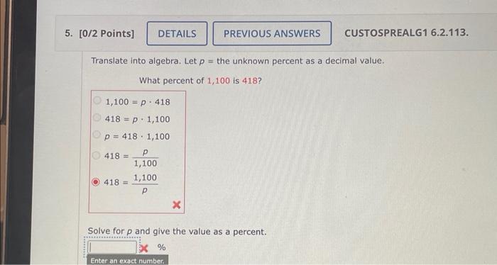 Solved Translate into algebra. Let p= the unknown percent as | Chegg.com