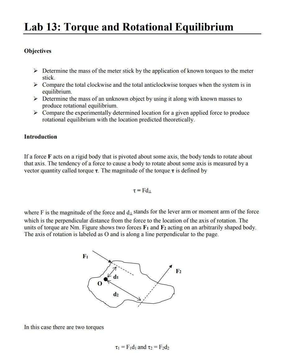 Solved Lab 13: Torque and Rotational Equilibrium Objectives | Chegg.com