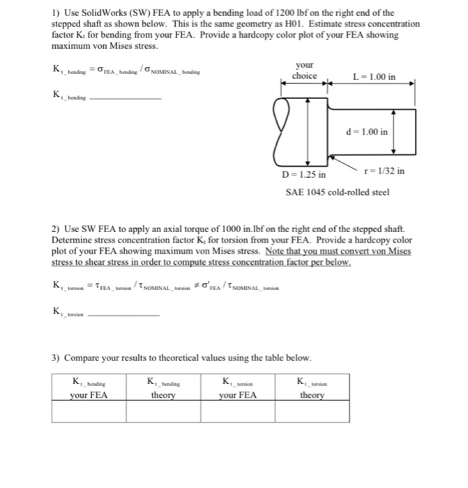 1) Use SolidWorks (SW) FEA to apply a bending load of | Chegg.com