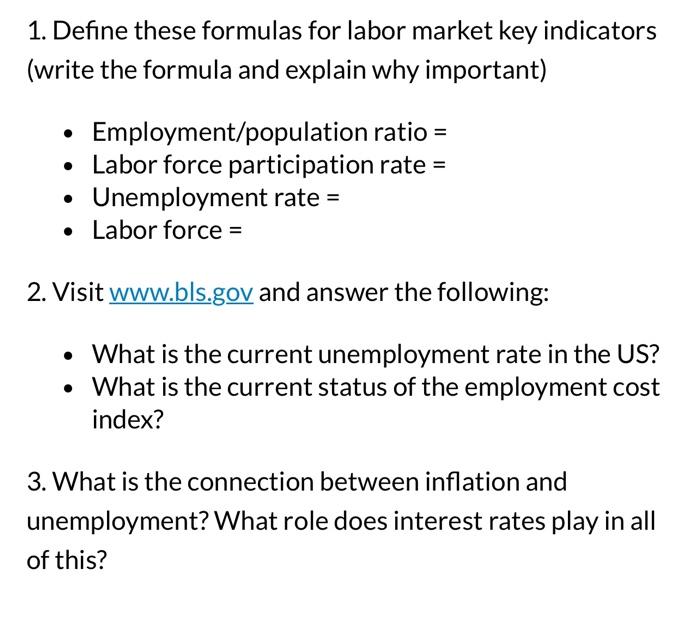Solved 1. Define these formulas for labor market key | Chegg.com