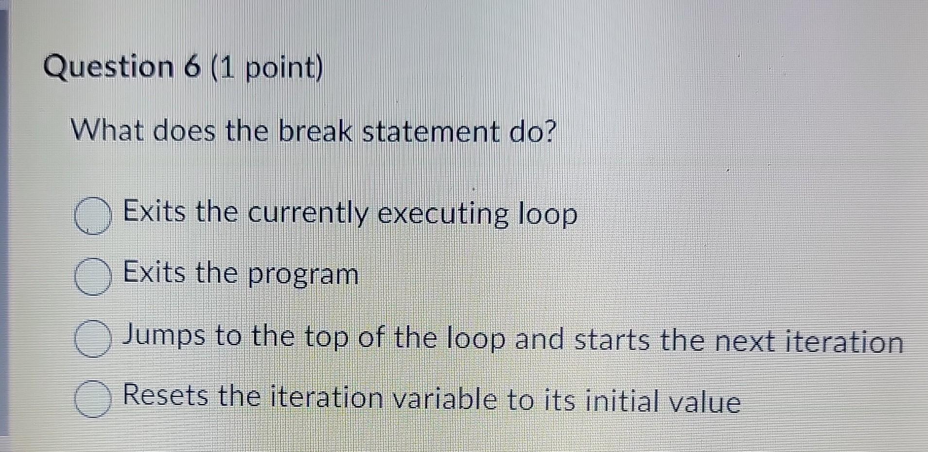 Solved Question 6 (1 point) What does the break statement | Chegg.com