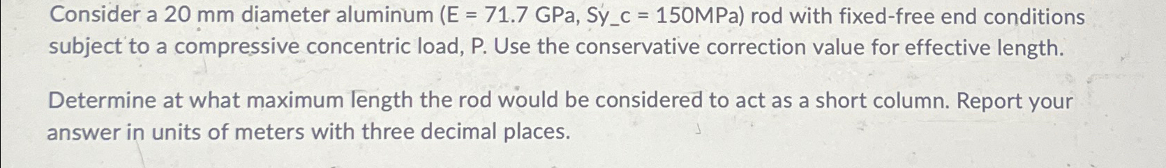 Solved Consider a 20mm ﻿diameter aluminum ( E=71.7GPa, Sy_c | Chegg.com