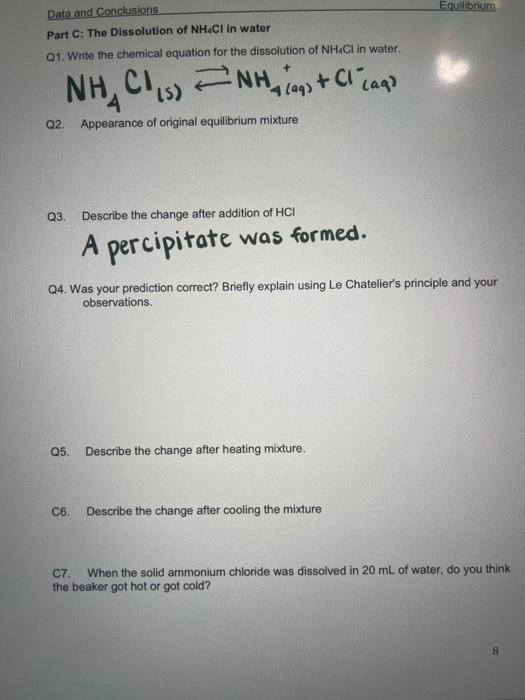 Solved Equilibrium Data and Conclusions Part C: The | Chegg.com