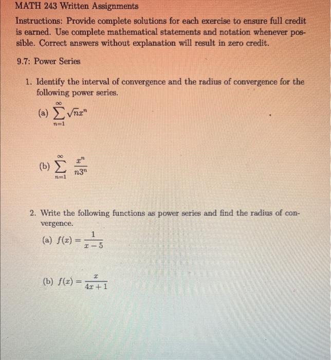 Solved MATH 243 Written Assignments Instructions: Provide | Chegg.com