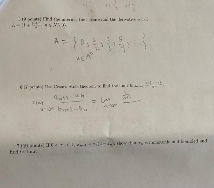 Solved 5. (9 points) Find the interior, the closure and the | Chegg.com