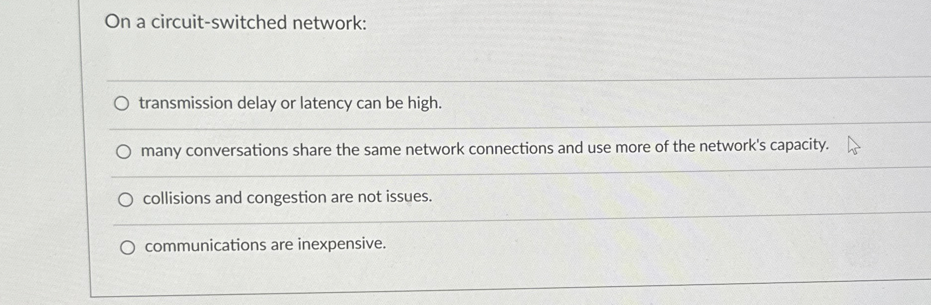 Solved On a circuit-switched network:transmission delay or | Chegg.com