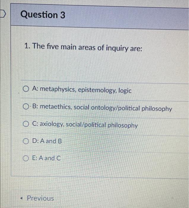 Solved Question 3 1. The five main areas of inquiry are: O | Chegg.com